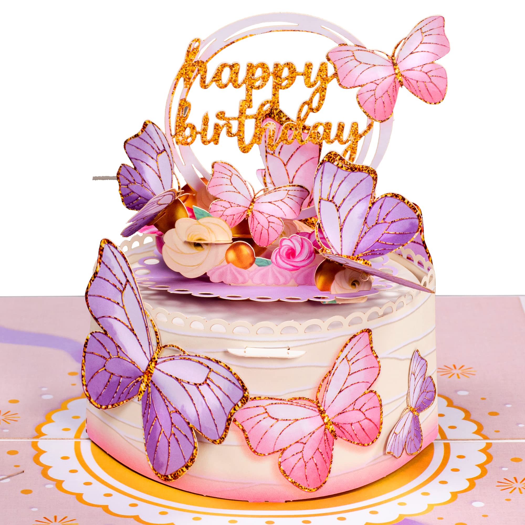 Paper Love Butterfly Birthday Cake, 3D Pop Up Birthday Card, For Adults or Kids - 5"x7" Cover - Includes Envelope and Note Tag
