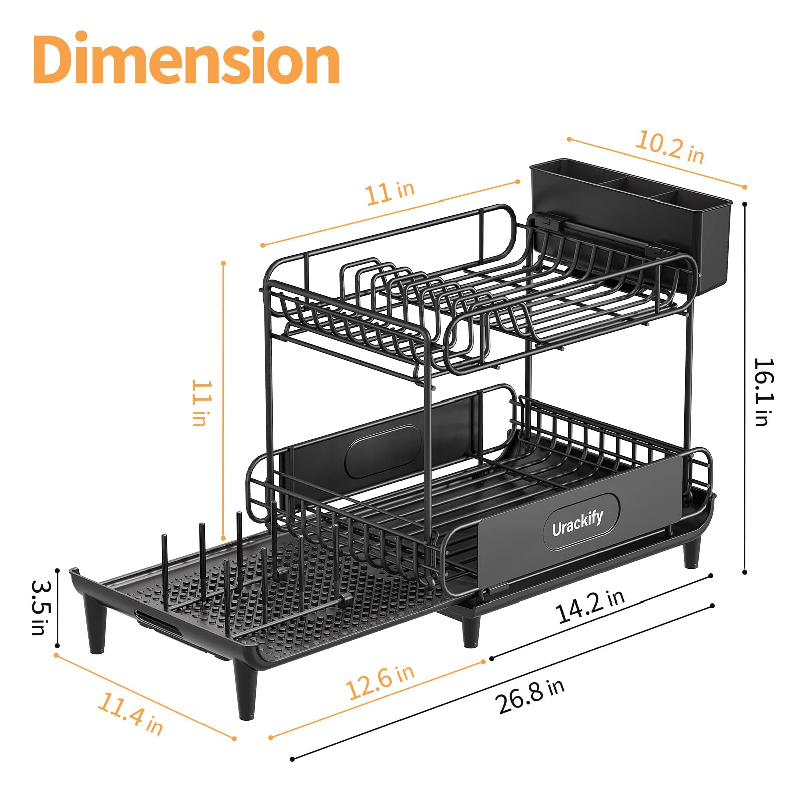 Urackify Dish Drying Rack, Expandable Dish Rack for Kitchen Counter, Large Collapsible Countertop Dish Drainer with Pan & Pot Holder, Stainless Steel Dish Strainer with Cup & Utensil Holder