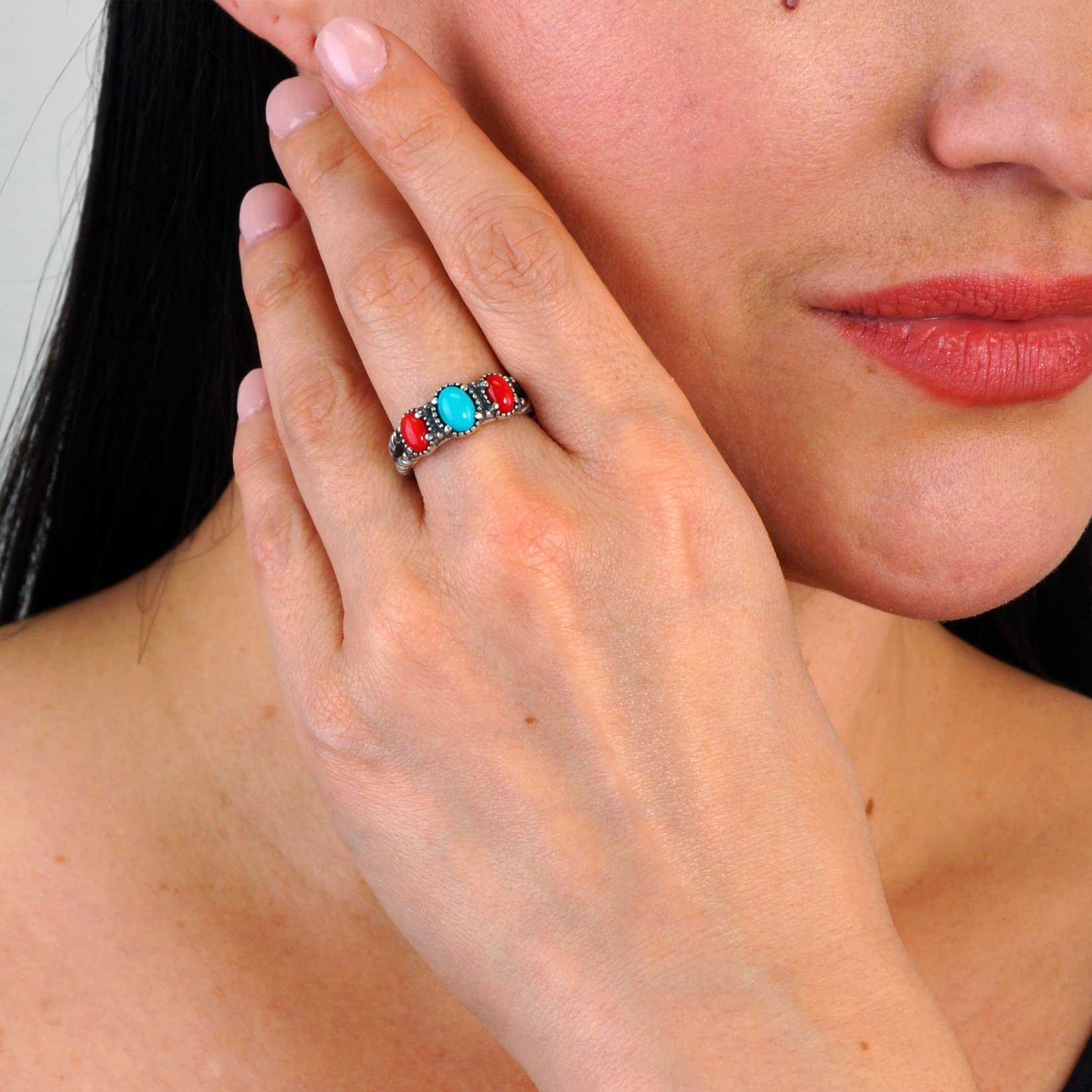 American West Jewelry Sterling Silver Women's Ring Red Coral & Blue Turquoise Gemstone 3-Stone Design Size 5