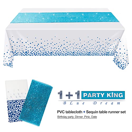 FGSAEOR Blue Tablecloth, 12x108inch Sequins Table Runners and 54x108inch Plastic Table Cloths for Party Decorations, Sparkling Party Supplies Table Cover for Indoor Outdoor Parties