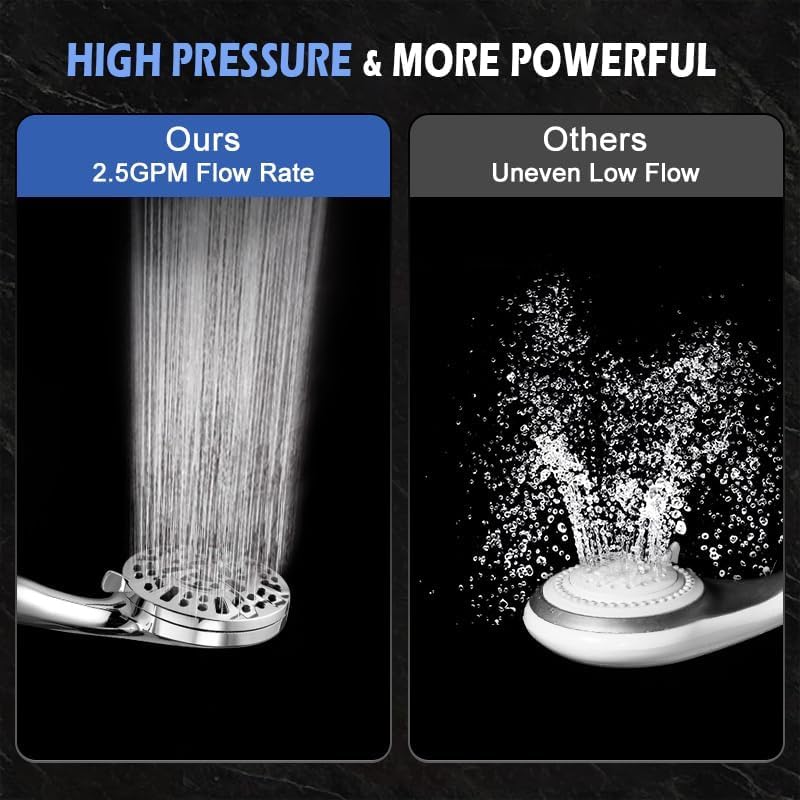 High Pressure Shower Head with Handheld, 10 Spray Settings Water Saving Shower Heads with Stainless Steel Hose,Holder & PTFE Tape, Wider Silver Face for Tubs Tiles Walls Pets Cleaning, Black