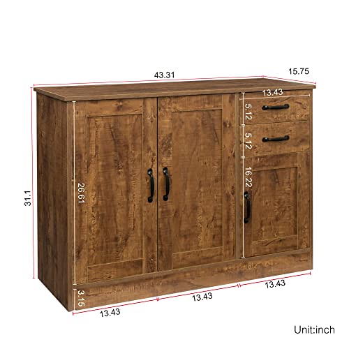 Boloni Farmhouse Buffet Cabinet, Sideboard Bar Storage with 3 Doors, 2 Drawers, Adjustable Shelve, Credenza Console Table for Entryway, Living Room, Dining Room, Kitchen, Walnut