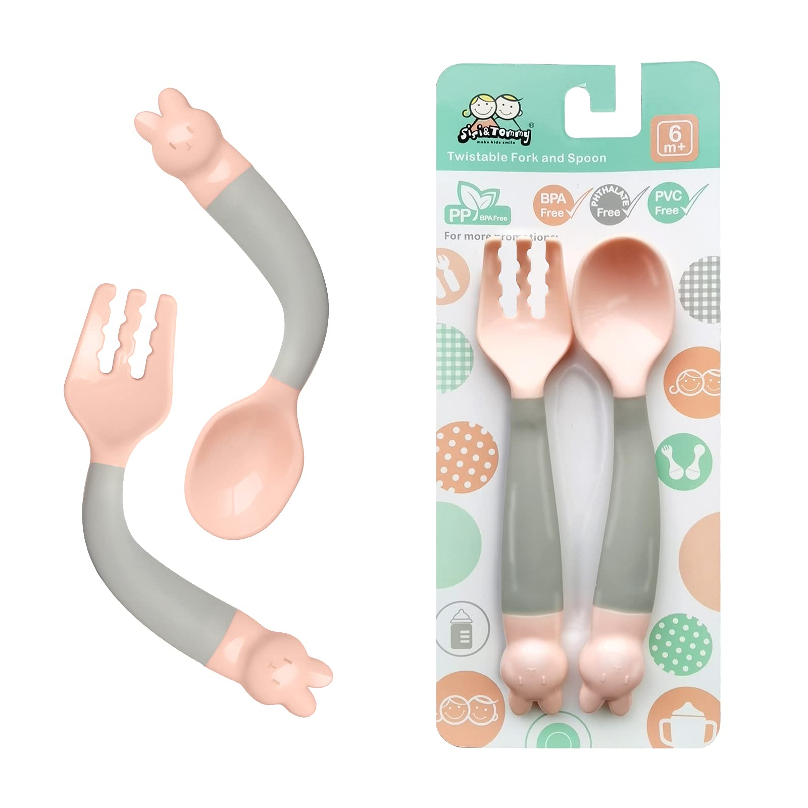 Baby Feeding Spoon Fork Set Utensil Bendable Handle Training, BPA Free, Kids Tableware in Assorted Colors for Infant Toddlers Easy Grip Self Feeding
