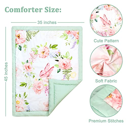CARUILI 4-Piece Crib Bedding Set, Baby Girl Crib Bedding Set Butterflies Floral Nursery Bedding Set Includes Comforter, Fitted Crib Sheet, Crib Skirt, and Diaper Stacker, Green & Pink