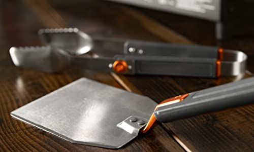 Blackstone 5294 Foldable 2 Piece Hamburger Spatula Flipper and 1 BBQ Tong-Flex Fold Model Stainless Steel-Easy to Carry and Clean Griddle Accessories Tool Set, Black, Orange