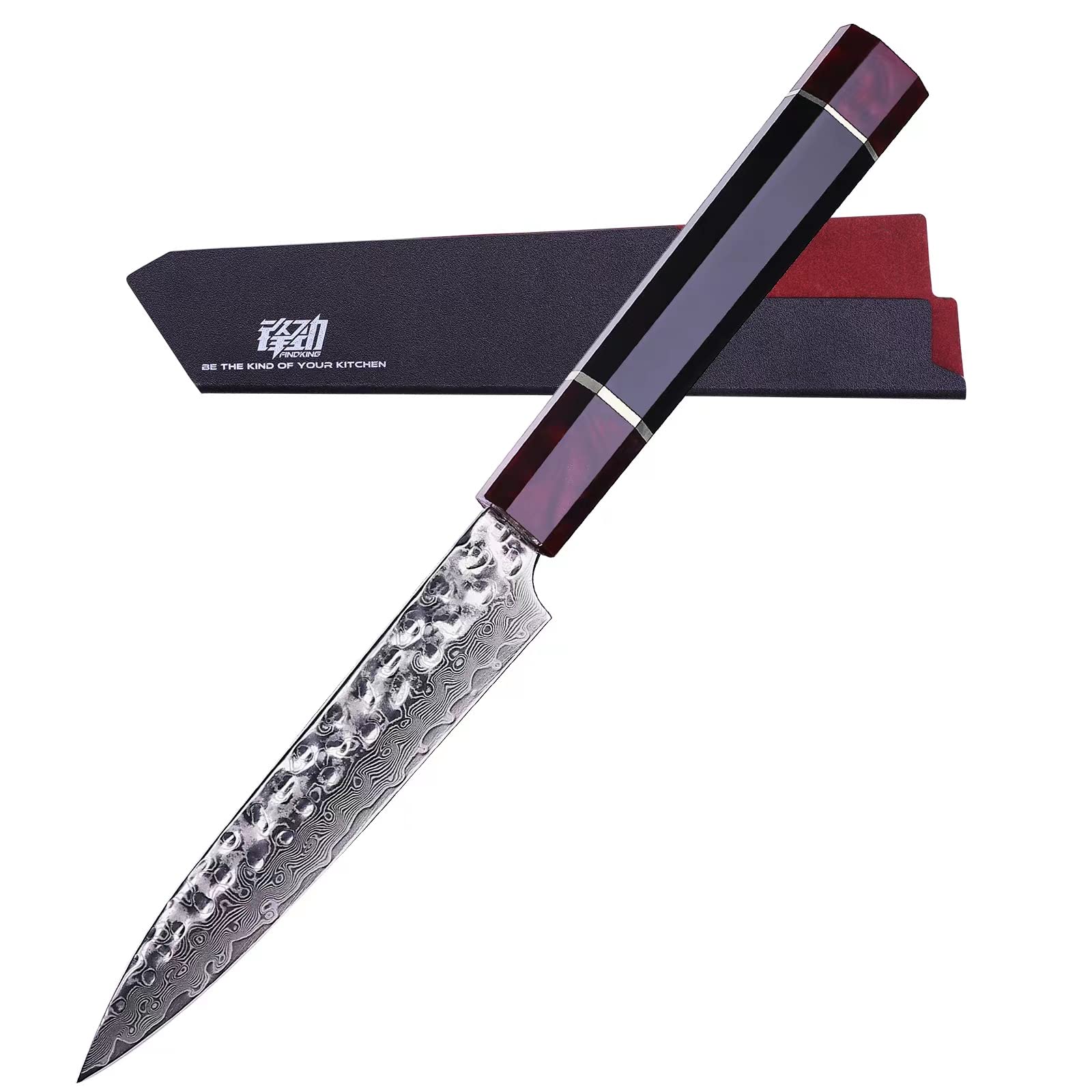 FINDKING 5 Inch Kitchen Utility Knife with ABS sheath, Multi-Purpose Japanese Paring Knife, Damascus Steel Blade, Resin Octagonal Handle, Small, for Fruits Vegetables (Eternity Series)