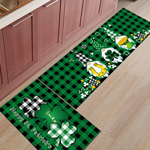 Arts Print Shamrocks Kitchen Rug Mat Set of 2,St.Patrick's Day Gnomes Buffalo Plaid Runner Rug,Non-Slip Durable Kitchen Floor Mat for Sink,15.7x23.6Inch+15.7x47.2Inch