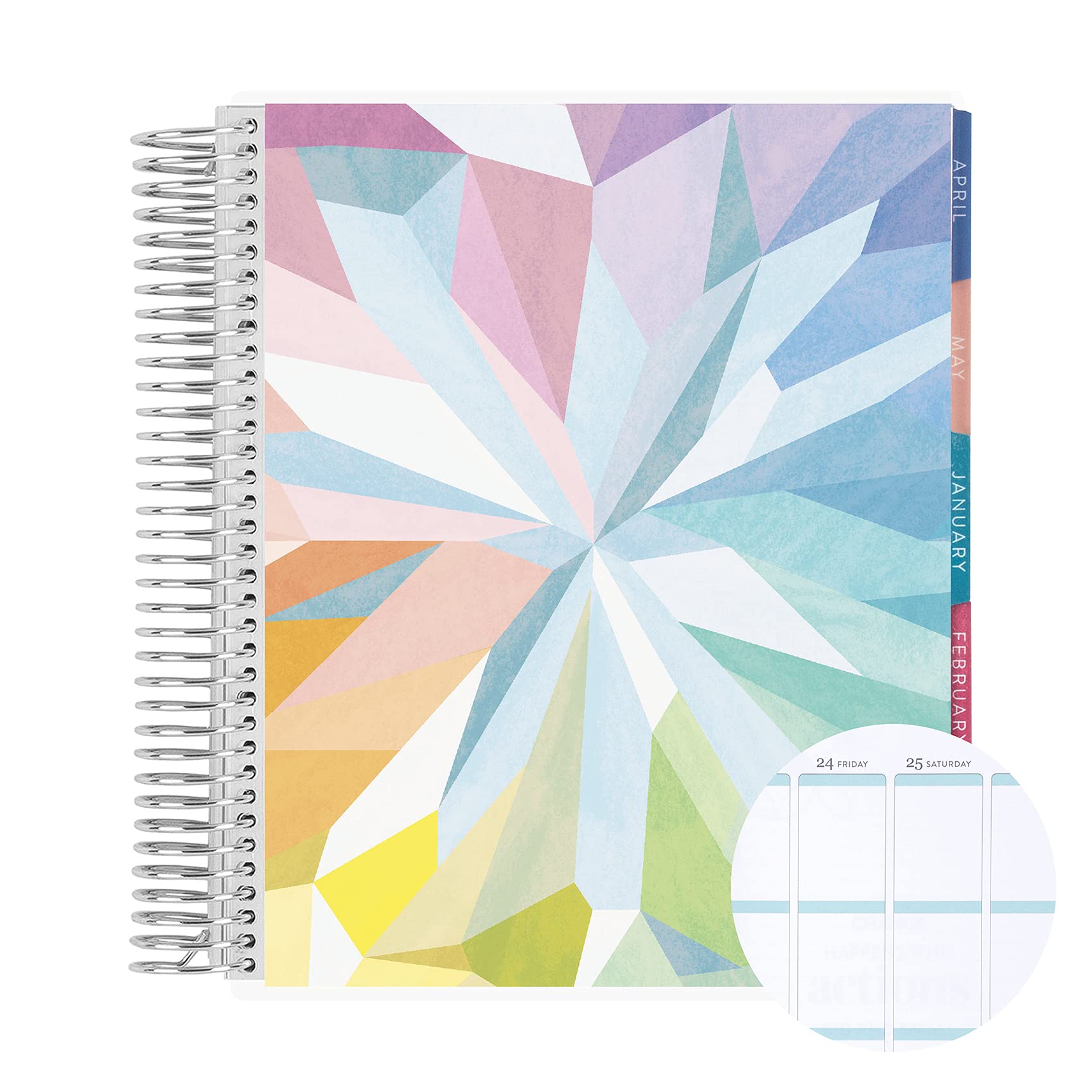 7” x 9” 12 Month Spiral Bound Life Planner ( Jan 2022 – Dec 2022 ) – Kaleidoscope Colorful Cover + Mid Century Circles Interior Pages. Vertical Weekly and Monthly Agenda by Erin Condren.