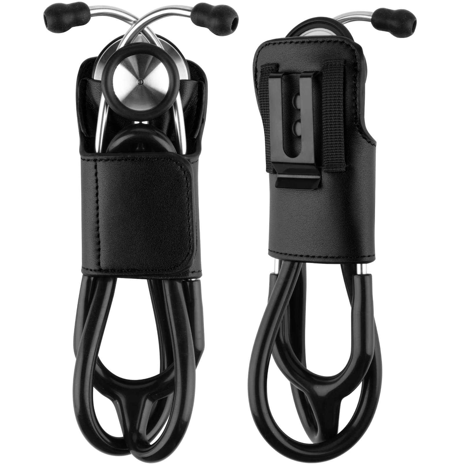 Beautyflier PU Leather Stethoscope Holder with Clip for All Models: Littmann, ADC, MDF, Adscope, Stethoscope Holder Carrier Perfect for Physicians, Nurses, EMT (Black)