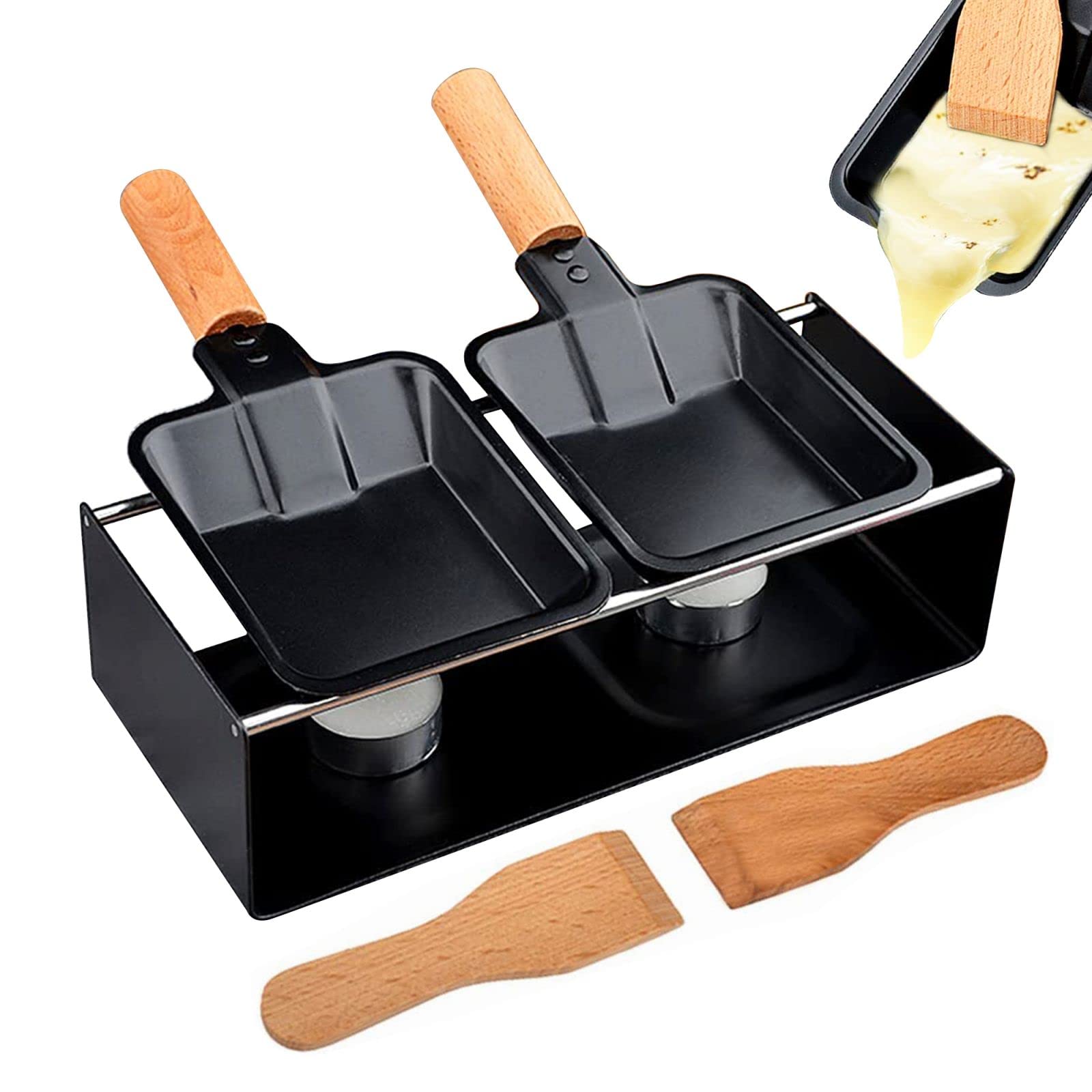 FantasyDay Mini Raclette Set,Two Grill Pan,Candlelight Cheese Melter Pan,Non Stick Rotaster Baking Tray Stove Set,Suitable for Cheese, Meat, Fish, and Vegetables( not included candles)