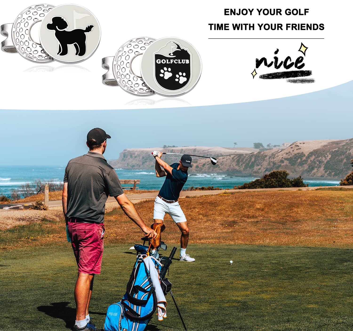 Adhere Golf Ball Markers Unique Double Side Enamel Logo with A Magnetic Hat Clips,a Good Gift for Dog Lover golfter (Cute Poodle White)
