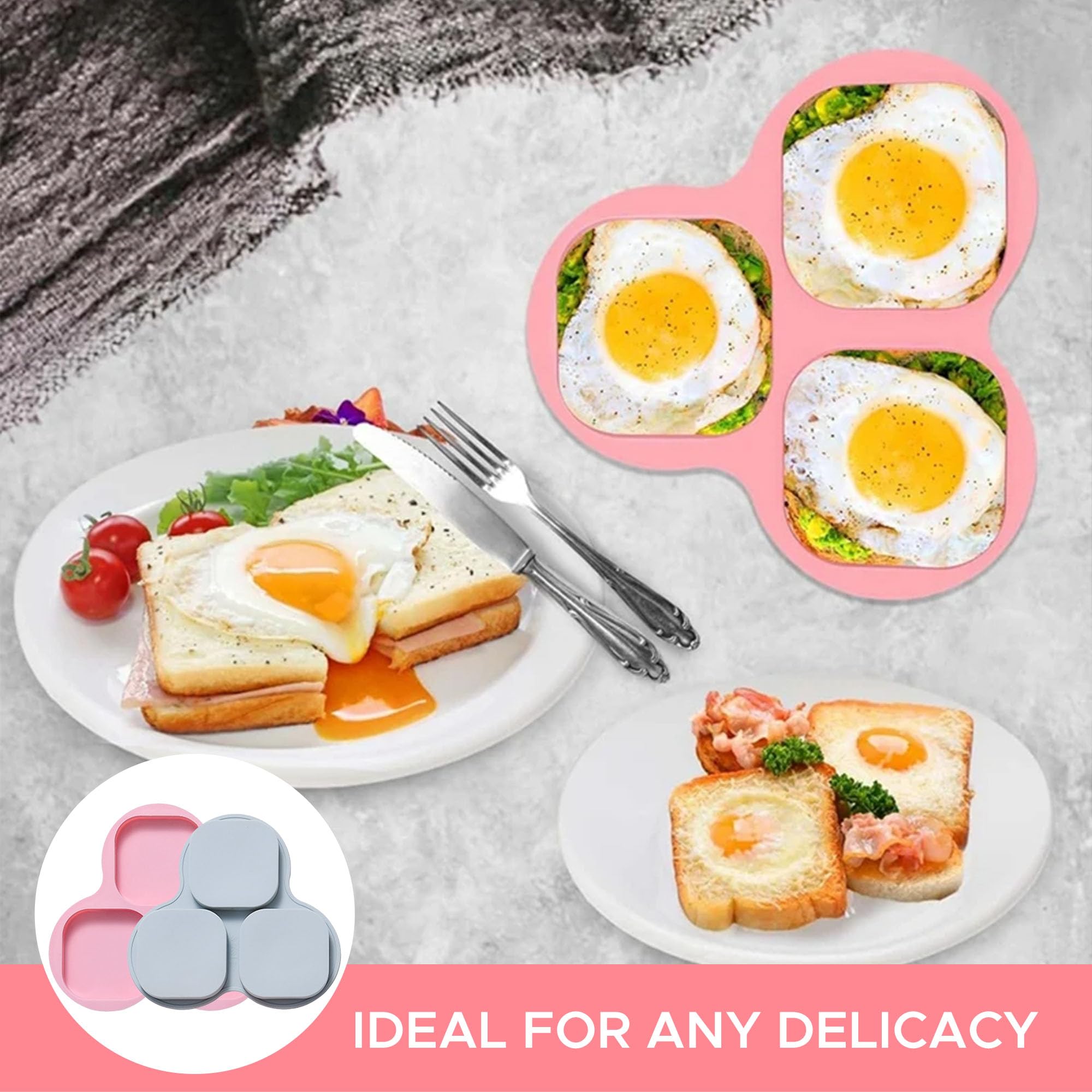 Non-Stick Air Fryer Pancake Maker, Reusable Air Fryer Egg Pan, Egg Poacher, Air Fryer Accessories, For Egg Sandwich, Hamburger, Muffin, Pancake (Square Silicone Pancake Egg Mold-3 cavity (Pink&Gray)