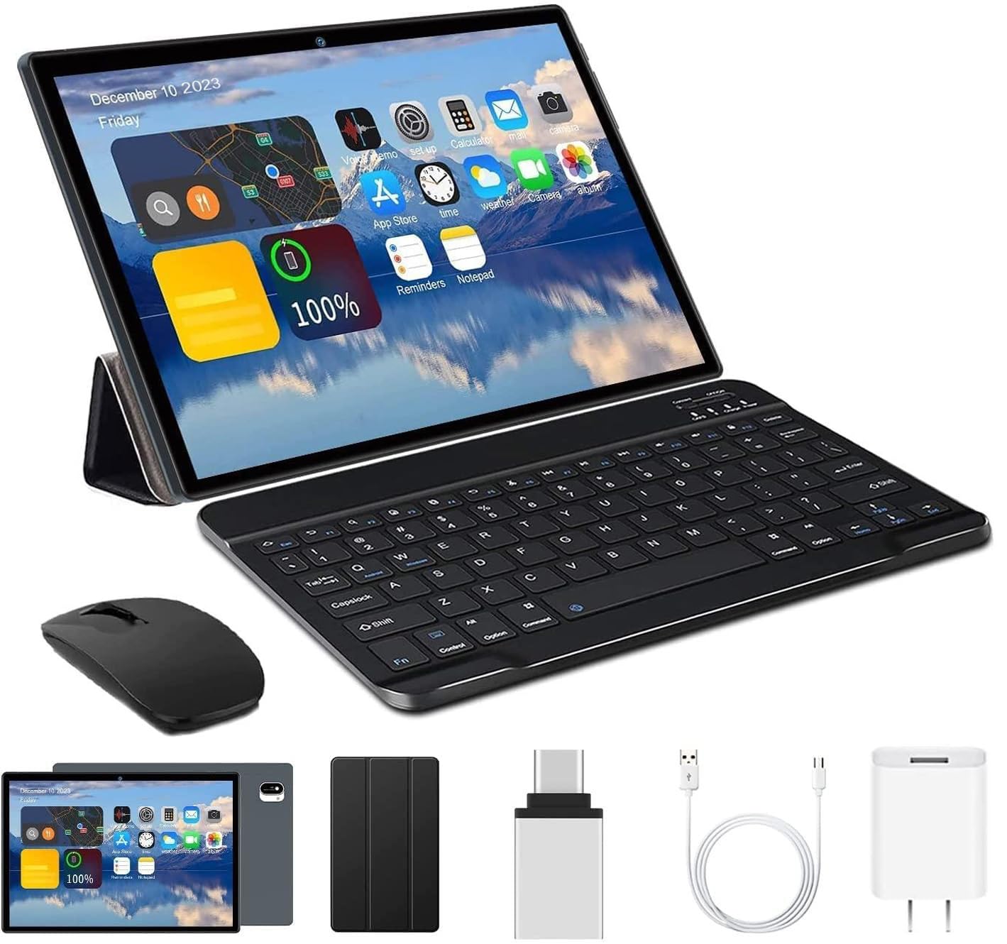 AOYODKG Android Tablet with Keyboard, 2 in 1 Tablet 10 Inch, 64GB ROM 4GB RAM 256GB Expandable, Newest Quad-Core Processor, WiFi Android 11 Tablet, Dual Camera, 6000mAh, Bluetooth, FM