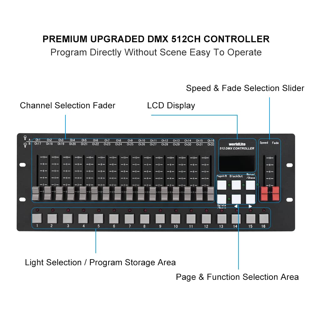 DMX Controller, WorldLite 512CH DMX Console, Premium DMX 512 Stage Lighting Controller Program Directly Without Setting Scene, Easy Light Console for Stage & DJ Lighting (512 Channels)