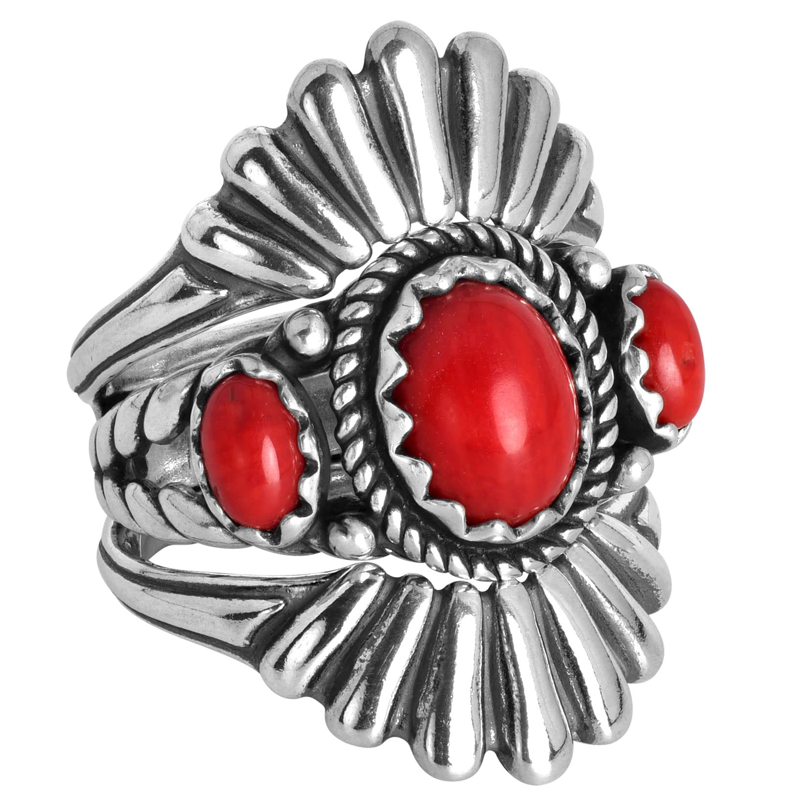 American West Sterling Silver Women's Statement Ring Red Coral Gemstone Ring Guard 2-Piece Size 8