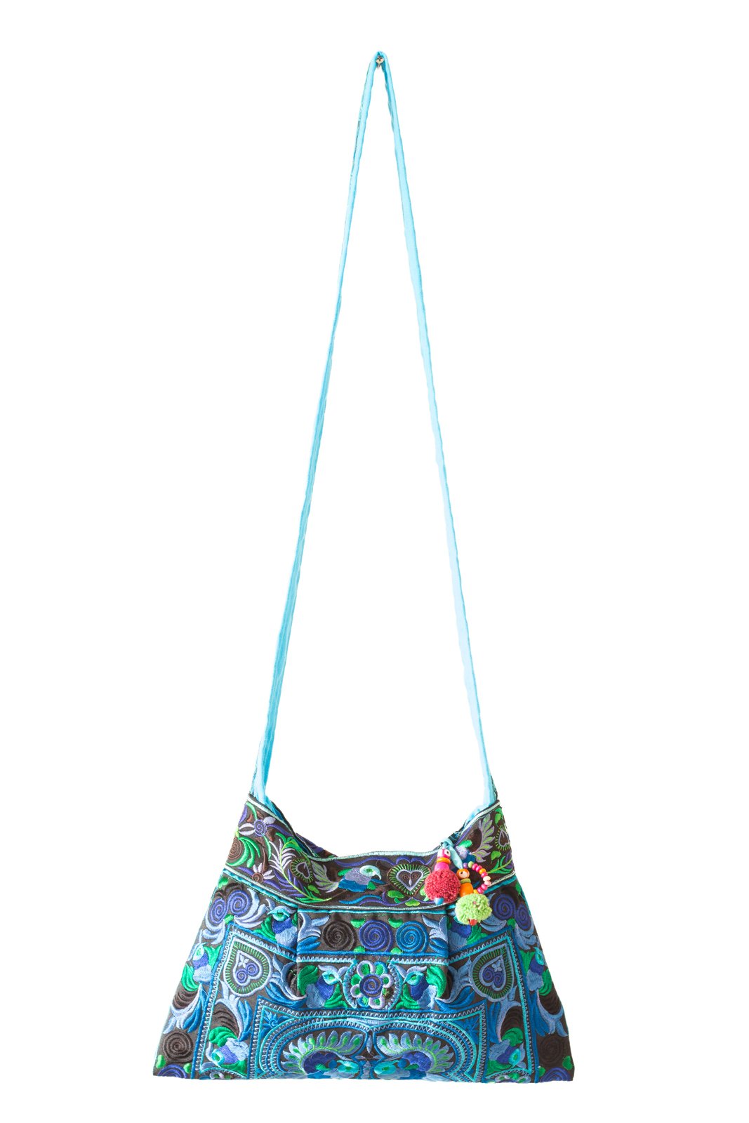 changnoi Handmade Crossbody Bag, Hmong Tribes Embroidered Sling Bag (Bird Blue)