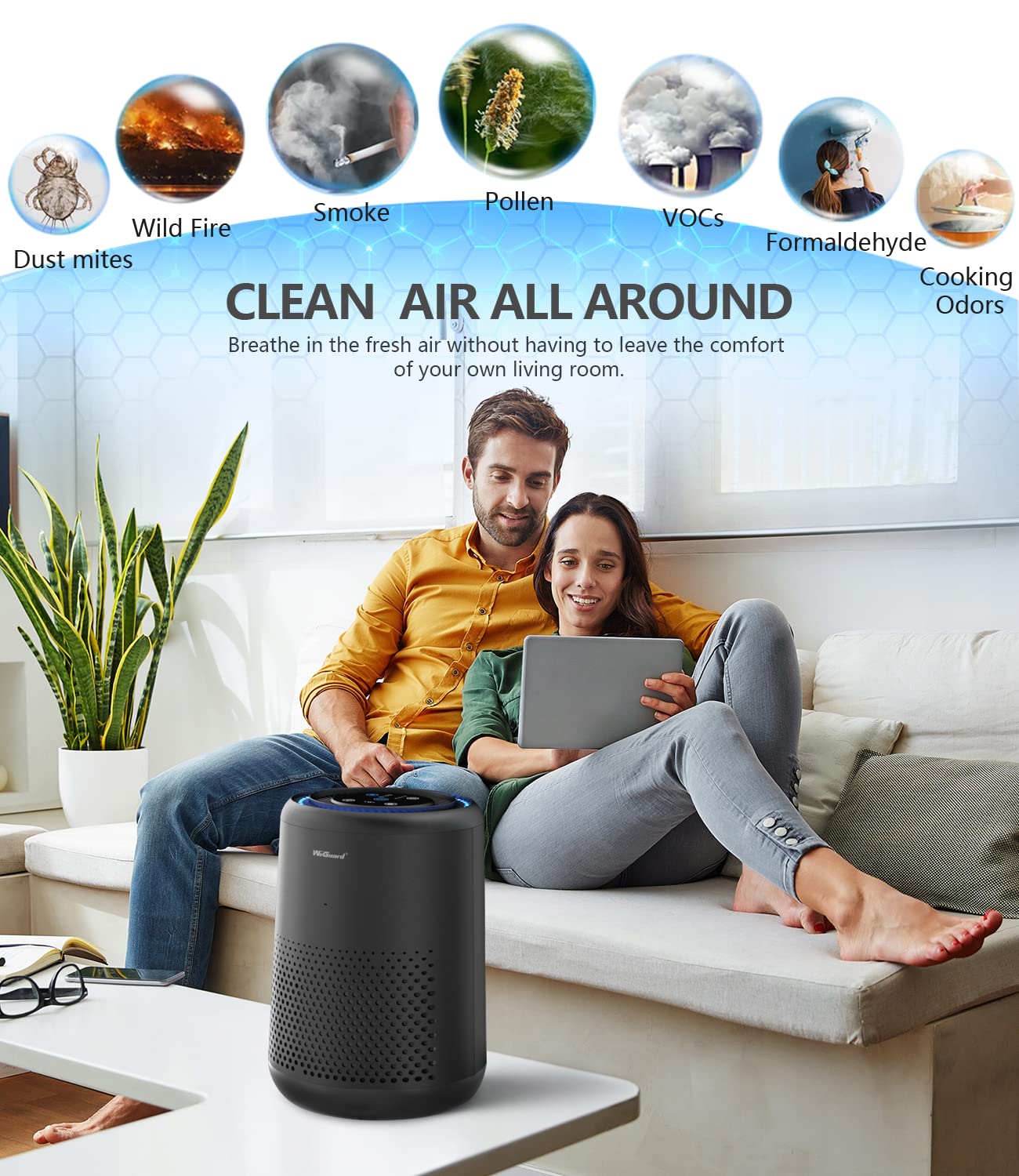 HEPA Air Purifiers for Home with UV Light, WeGuard AP-T10 H13 True HEPA Filter Removes Hair, Dander, Dust, Bacteria, Viruses, Smoke, Mold, Pollen, Allergens, Odor, Quiet Mode, Ozone Free