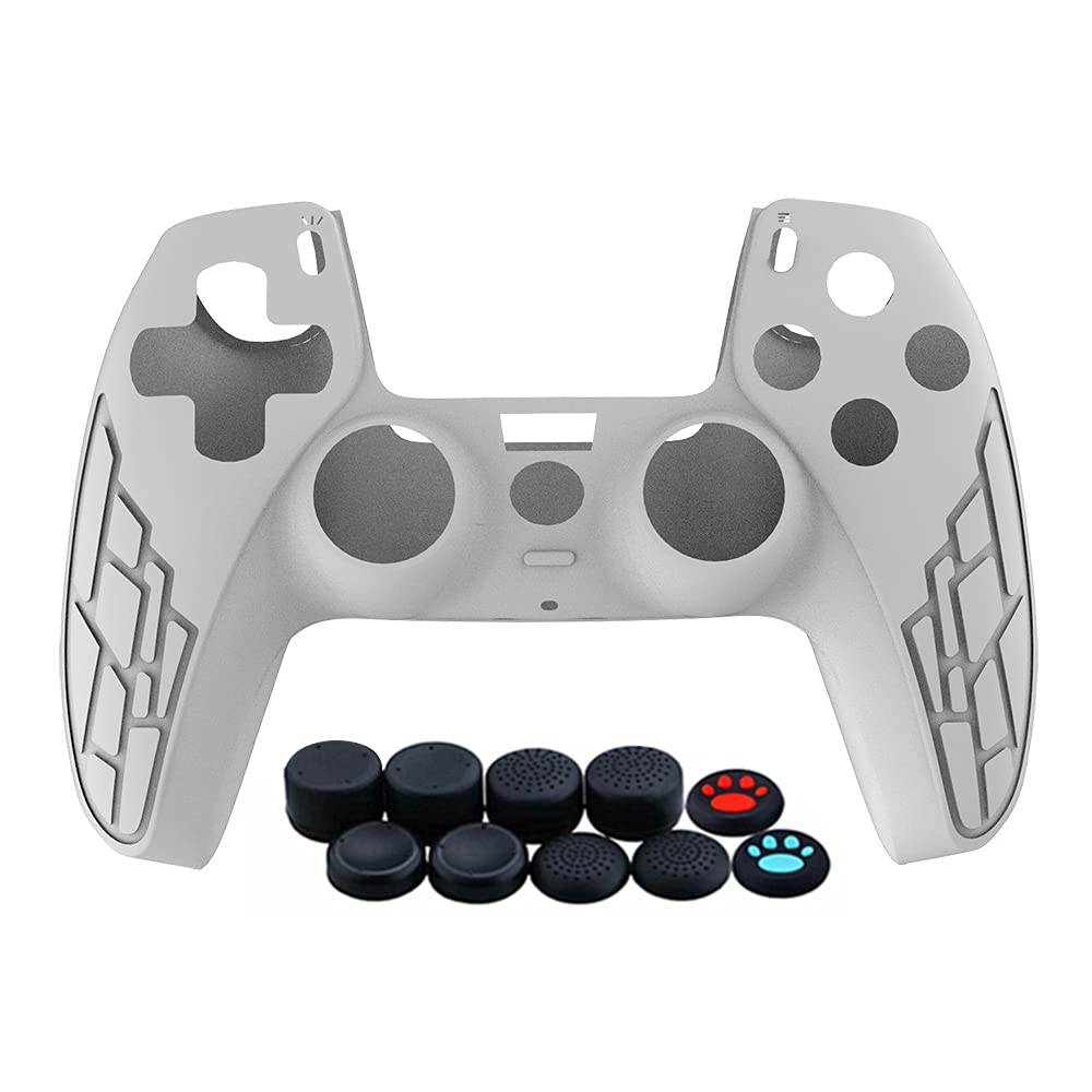 Silicone Cover Thickened Case for Sony PS5 Controller Skin Anti-Slip Grip Case for PS 5 DualSense Controller Dustproof Protector Shell with 10 Pro Thumb Grips (White -Thicken)