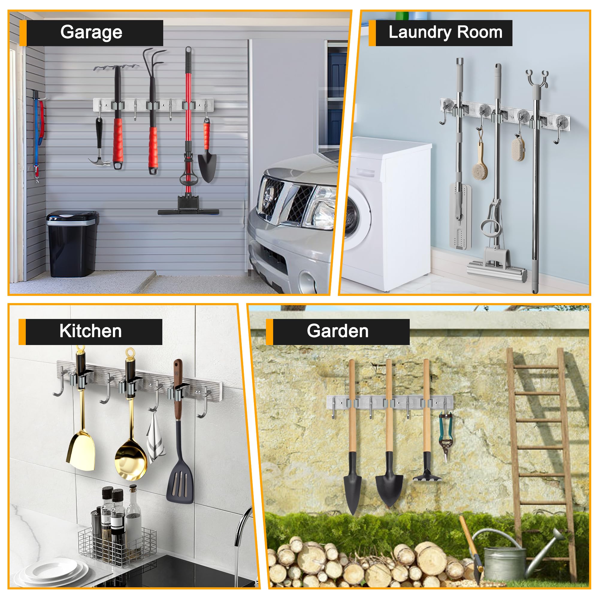 Crosize Transparent Acrylic Broom Holder Mop Hanger Wall Mount, Tools Organizer, 3 Racks and 4 Hooks, Metal Gold