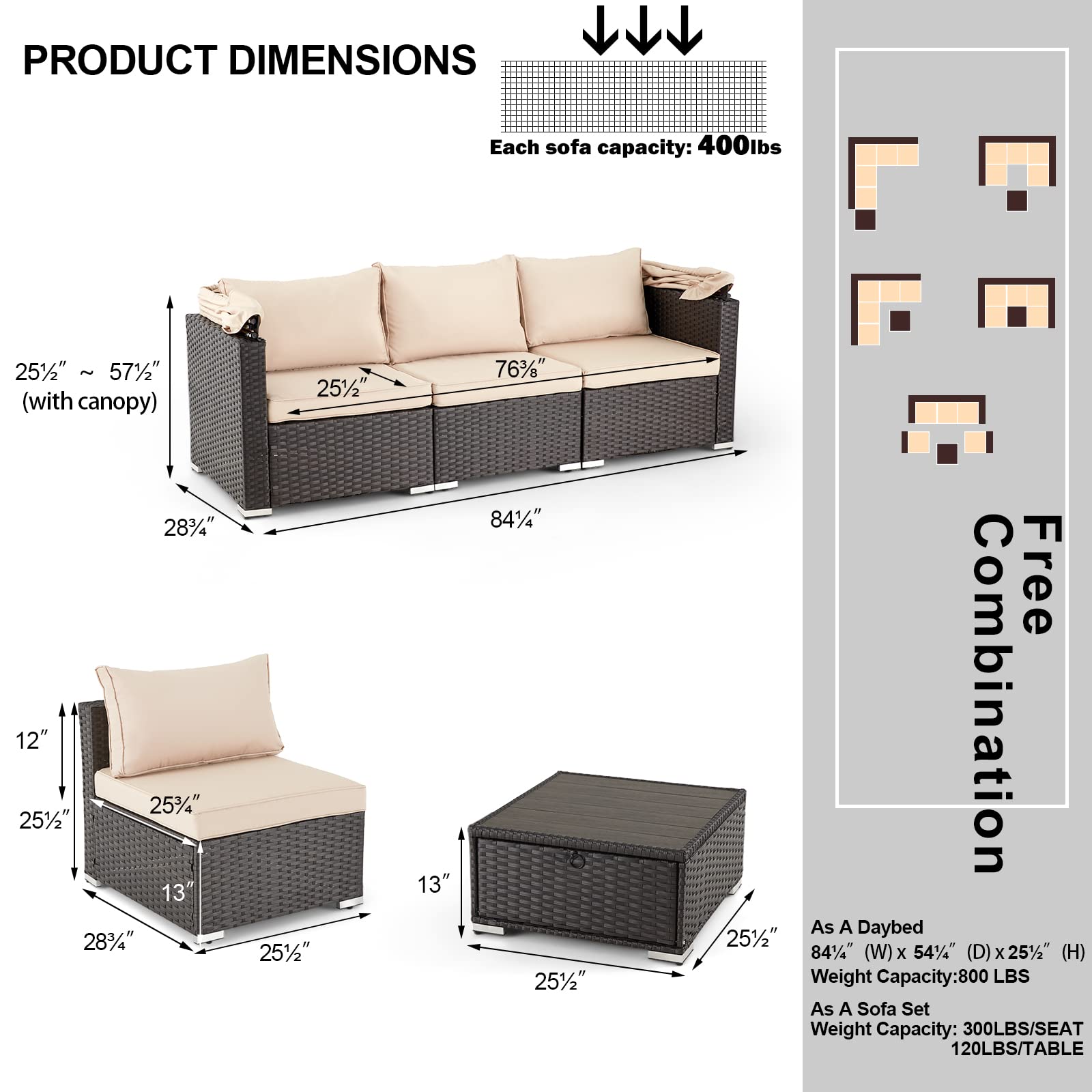 HOMREST 6 Pieces Patio Furniture Sets, Rattan Daybed with Retractable Canopy, Outdoor Sectional Sofa Set with Adjustable Backrest, Chaise Chair Sunbed for Garden Poolside Backyard (Khaki)