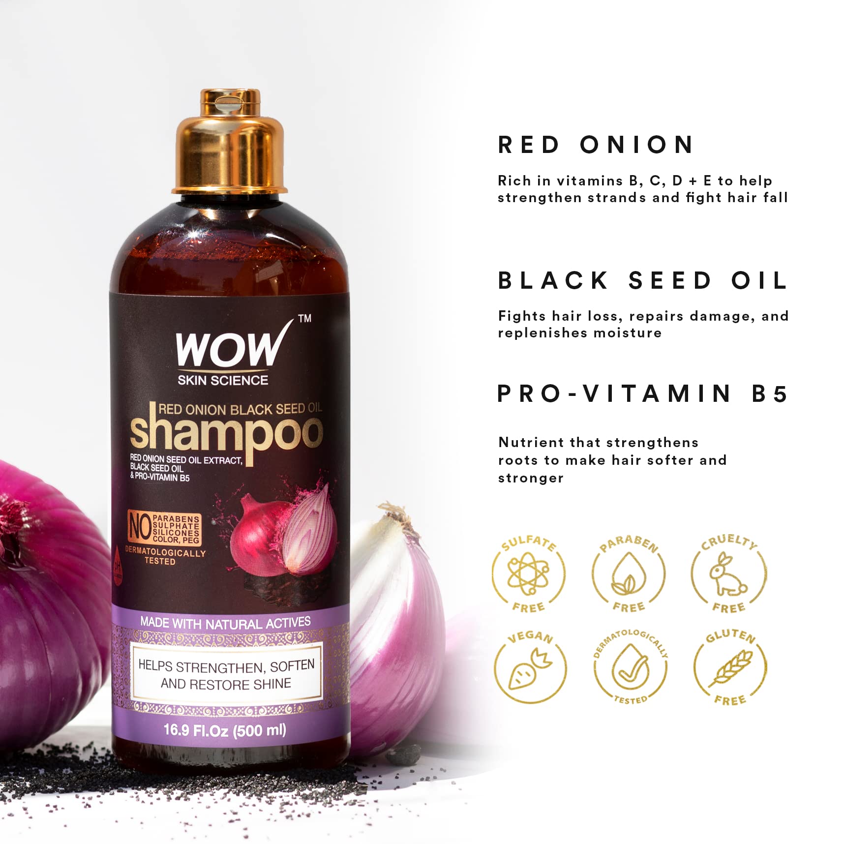 WOW Skin Science Red Onion Black Seed Oil Shampoo Increase Gloss, Hydration, Shine - Reduce Itchy Scalp, Dandruff & Frizz - No Parabens or Sulfates - All Hair Types (16.9 Fl Oz (Pack of 1))