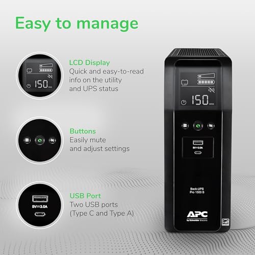 APC UPS 1500VA Sine Wave UPS Battery Backup, BR1500MS2 Backup Battery Power Supply, AVR, 10 Outlets, (2) USB Charger Ports