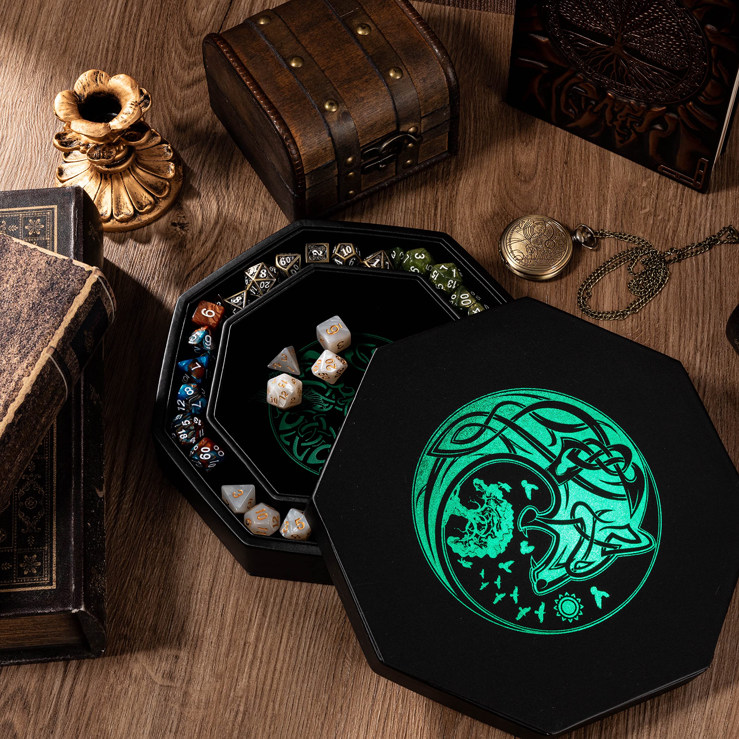 DND Dice Tray - Premium 8 Inch Tray for Dungeons and Dragons: Exquisitely Detailed Green World Tree & Wolf Raven Design - Perfect Rolling & Box Storage to Protect Your Dice for D&D and RPG