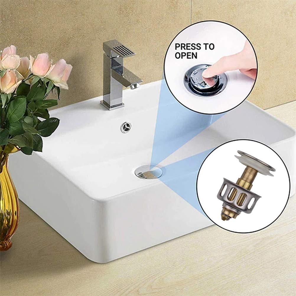 BSTOB Universal Wash Basin Bounce Drain Filter, Sink Drain Stopper Up Bathroom Sink Drain Plug with Basket, Kitchen Bathroom Strainer Sink Drain Stopper