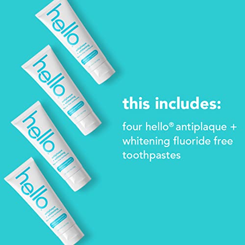 hello Antiplaque and Whitening Fluoride Free Toothpaste, Natural Peppermint Flavor, SLS Free, Gluten Free, Peroxide Free, Vegan, 4.7 Ounce (Pack of 4)