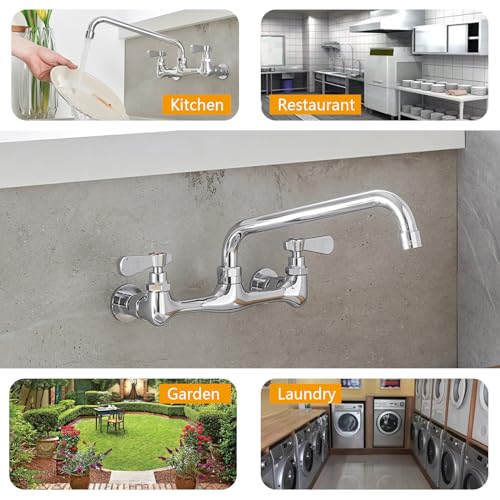 BATHLAVISH Wall Mount Kitchen Sink Faucet 8β Commercial Center Double Handle Bar Laundry Utility Swivel Spout Chrome Mixer Tap