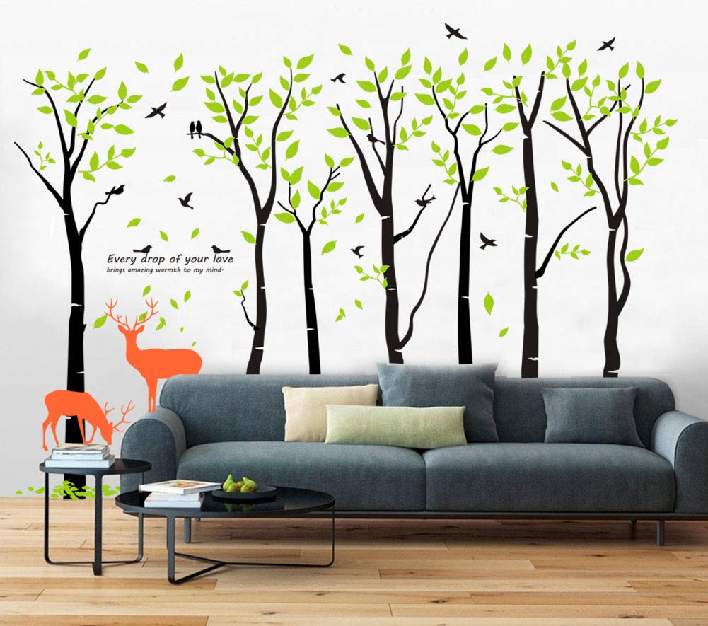 Mix Decor Tree Wall Decal - 7 Trees Wall Sticker Large Family Forest for Livingroom Kid Baby Nursery Room Deer Wooland Decoration Party Birthday Gift,118x83 Inch Black + Green
