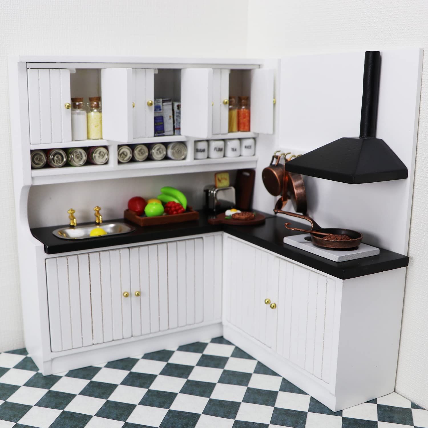 Dollhouse Kitchen Set Miniature Wooden Furniture Cabinet Dining Room Kitchen Kit 1/12 Scale Wooden Dollhouse Accessories (Style A)