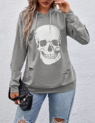 Blooming Jelly Women's Skeleton Hoodie Skull Graphic Hoodies Long Sleeve Top Pullover Oversized Sweatshirt（X-Large,Grey-Hoodie）