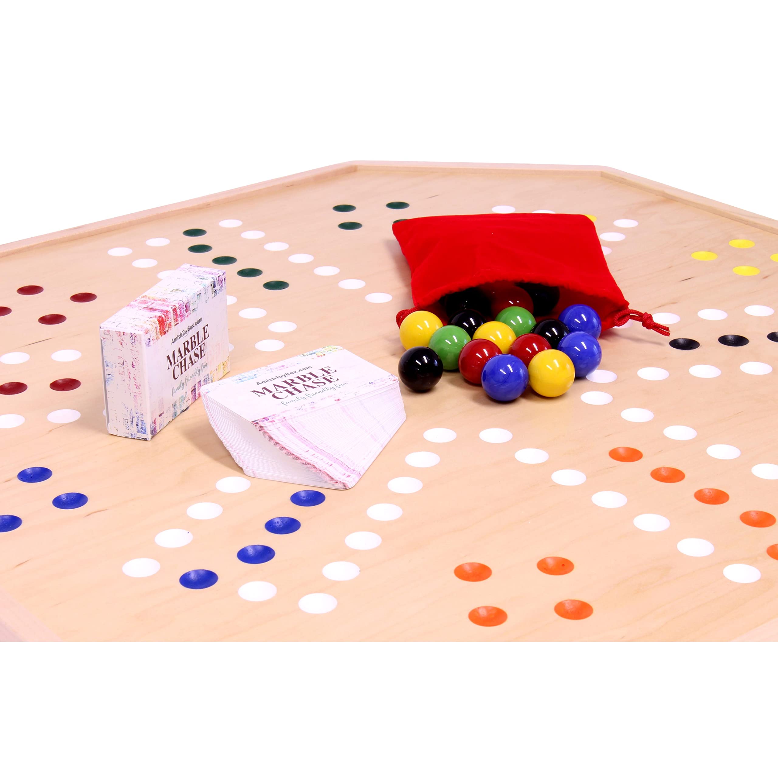 AmishToyBox.com Wooden Marble Chase (Cards N' Marbles) Board Game Set - Large 25" Wide Board - Double-Sided - Includes 1" Marbles and Playing Cards