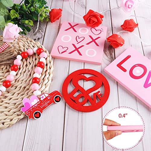 CAKKA Valentines Day Tiered Tray Decor, 11 PCS Red Gnome Pink XO Love Wooden Sign Writing Board Bead Rose Light, Valentine's Day Table Decor Ornament for The Home, Valentines Day Decor Decoration