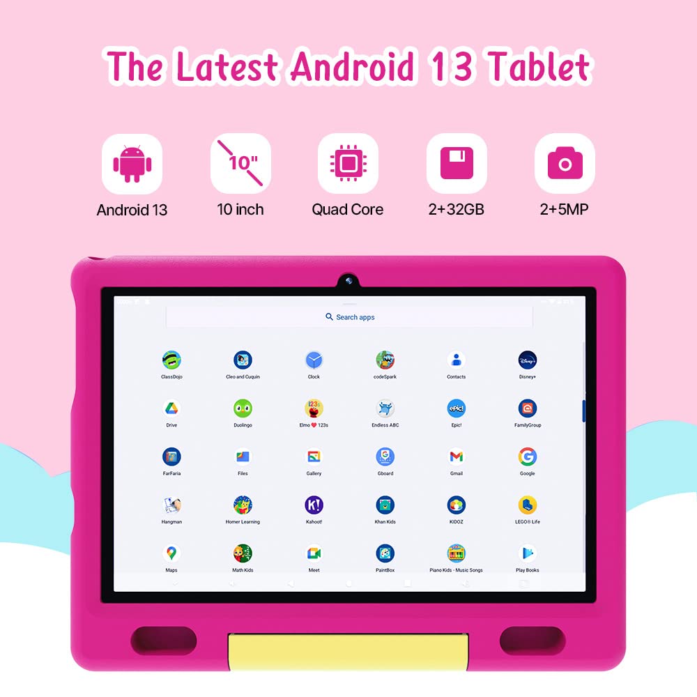 ApoloSign Android 13 Kids Tablet: 10.1" Display, 2GB RAM, 32GB ROM, 5MP Camera, Parental Controls, Shockproof Case-Stand