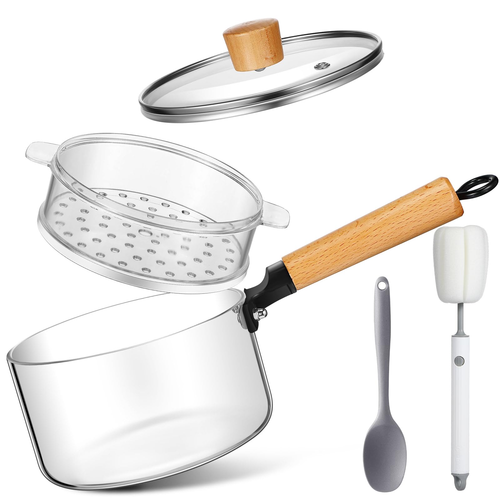 Baderke Small Glass Pot for Cooking with Steamer Lid Brush Spoon Set Glass Cooking Pan for Pasta, Soup, Vegetable, Gravies, Vegetable and More(Style 1)
