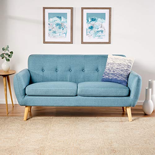 Christopher Knight Home Josephine Mid-Century Modern Petite Fabric Sofa, Blue/Natural & Ippolito Fabric Pillows, 2-Pcs Set, White and Blue Floral