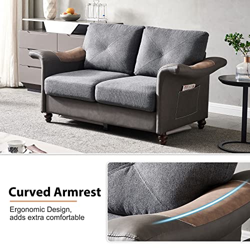 CALABASH Linen Fabric Leather 2 Seater Sofa Couch for Bedroom, 61" Modern Upholstered Tufted loveseat Sofa with Curved Armrest & Removable Storage Boxes for Living Room Office(Dark Grey)
