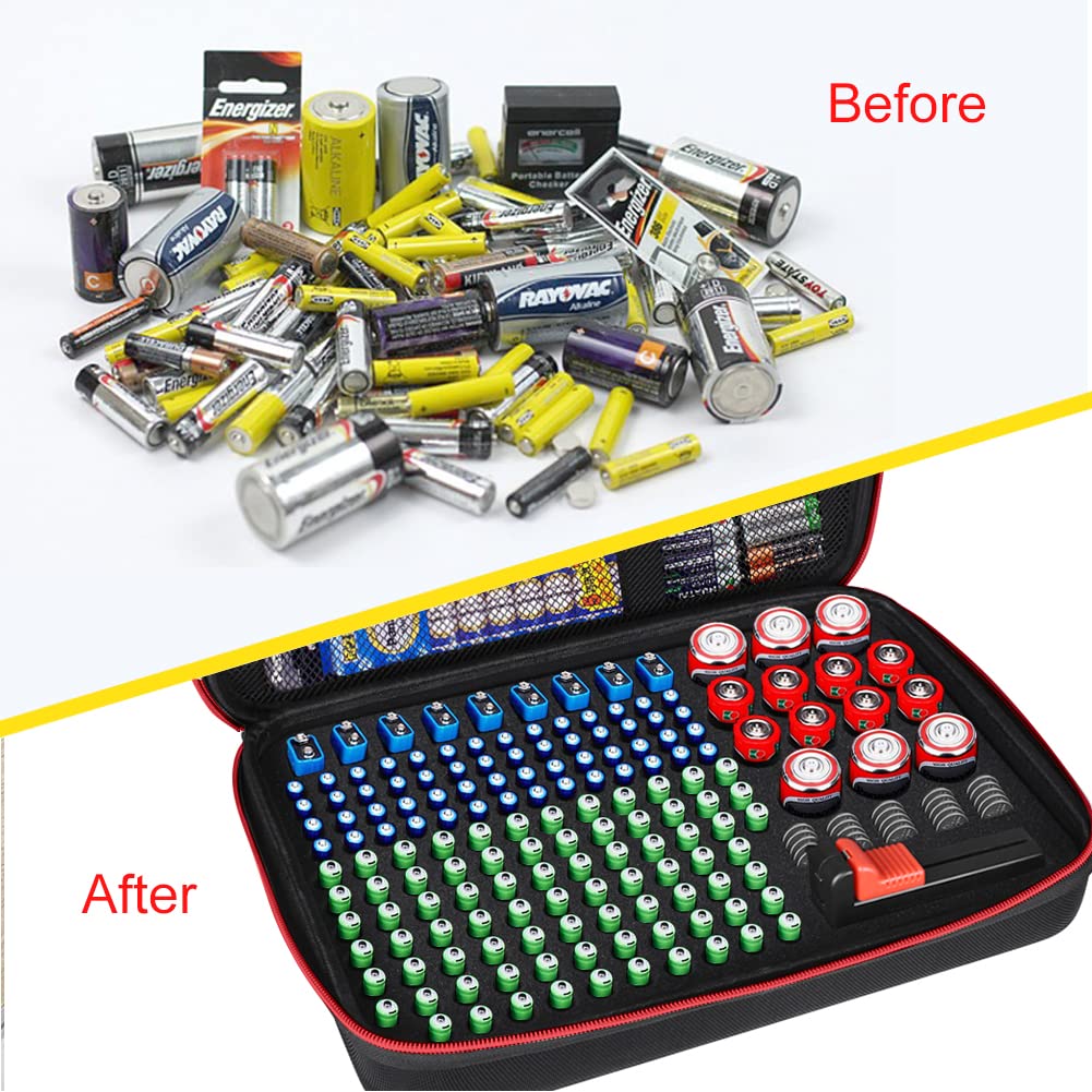 Battery Organizer Storage Box with Tester:Battery Vault Case Fireproof Waterproof Explosionproof Holder Box with Tester BT-168 Checker Carrying Case Container Bag Fit for 200+ Batteries AA AAA C D 9V
