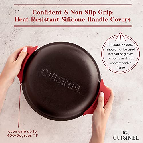 Cuisinel Cast Iron Dutch Oven - 5-Quart Deep Pot - Preseasoned 2-in-1 Multi-Cooker - Combo Lid Doubles as 10"-inch Skillet Frying Pan + Silicone Handle Covers + Scraper - Indoor/Outdoor Bread Cookware