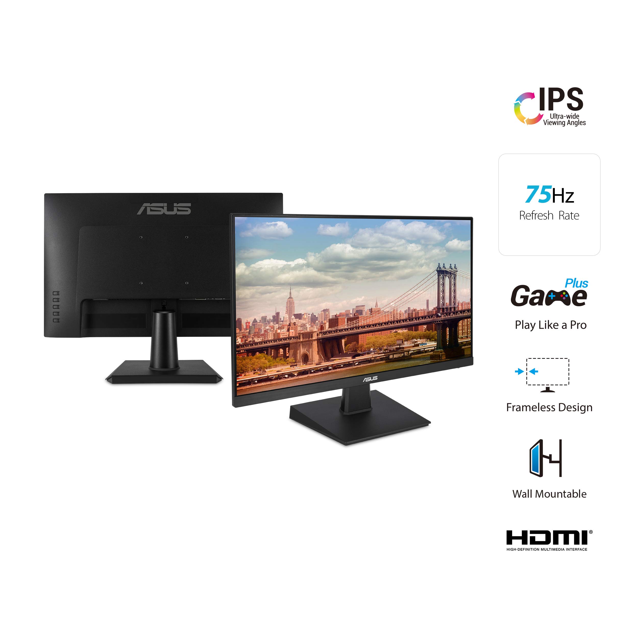 ASUS VA24EHE 23.8 Monitor, 1080P, Full HD, IPS, 75Hz, HDMI D-Sub DVI-D, Adaptive-Sync / FreeSync, VESA wall mountable, Eye Care, Flicker-free and Low Blue Light (Renewed)