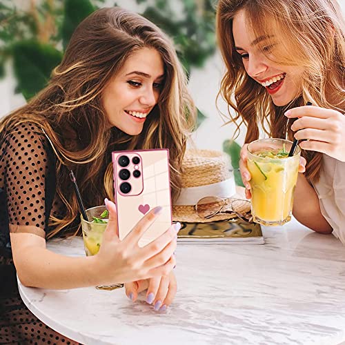 Bonoma for Samsung Galaxy S23 Ultra 5G Case Heart Plating Electroplate Luxury Elegant Case Camera Protector Soft TPU Shockproof Protective Corner Back Cover Galaxy S23 Ultra 5G Case -Pink