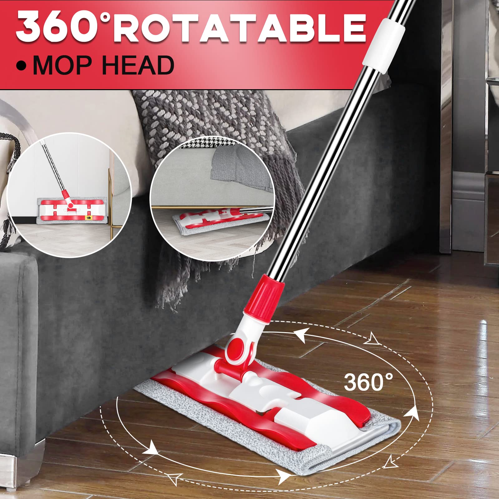 Almcmy Professional Microfiber Mop, Hardwood Floor Mop with 4 Reusable Mop Pads, 55" Long Handle Flat Mop with 1 Dirt Removal Scrubber, Wet Dry Dust Mops for Home Wood Laminate Tile Floor Cleaning