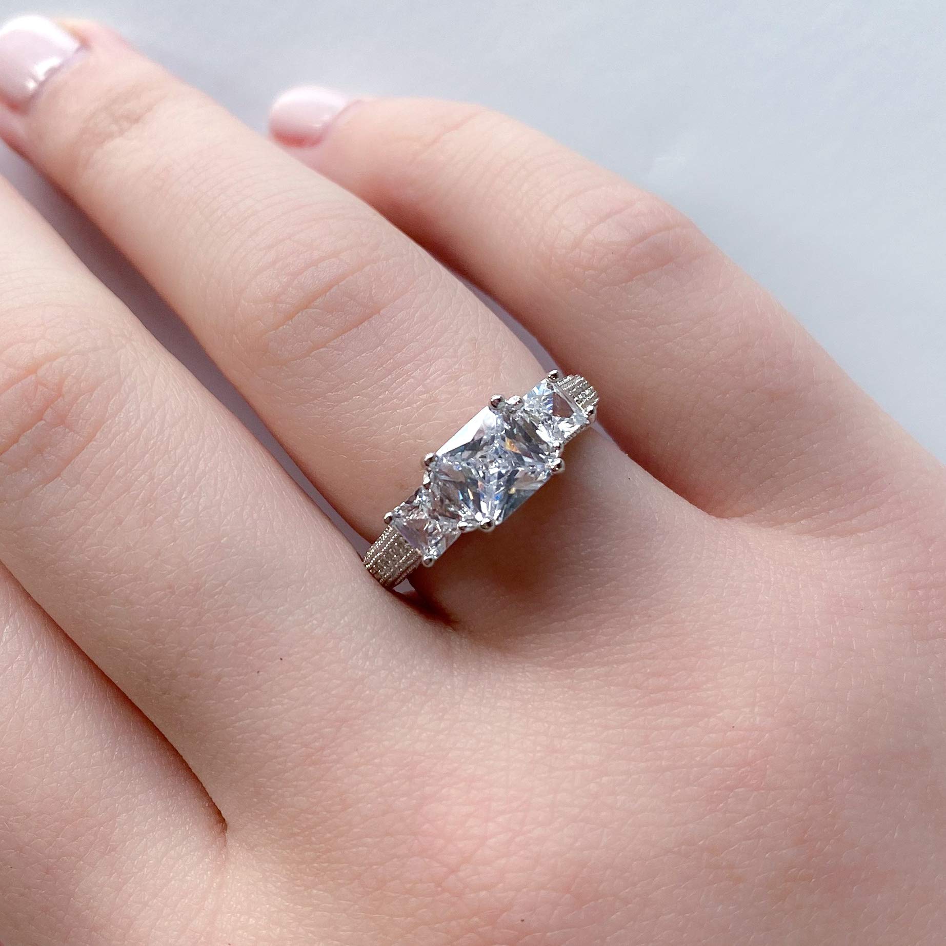 Abbie+Cleo Radiant Shape Cubic Zirconia 3-Stone Statement Engagement Ring in Rhodium Flash Plated Sterling Silver, Size 5