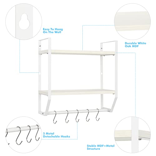 Bathroom Shelf with Towel Bar 2 Tier Wall Mounted Industrial Towel Rack with Shelf 5 Hooks for Bathroom Kitchen Living Room (White)
