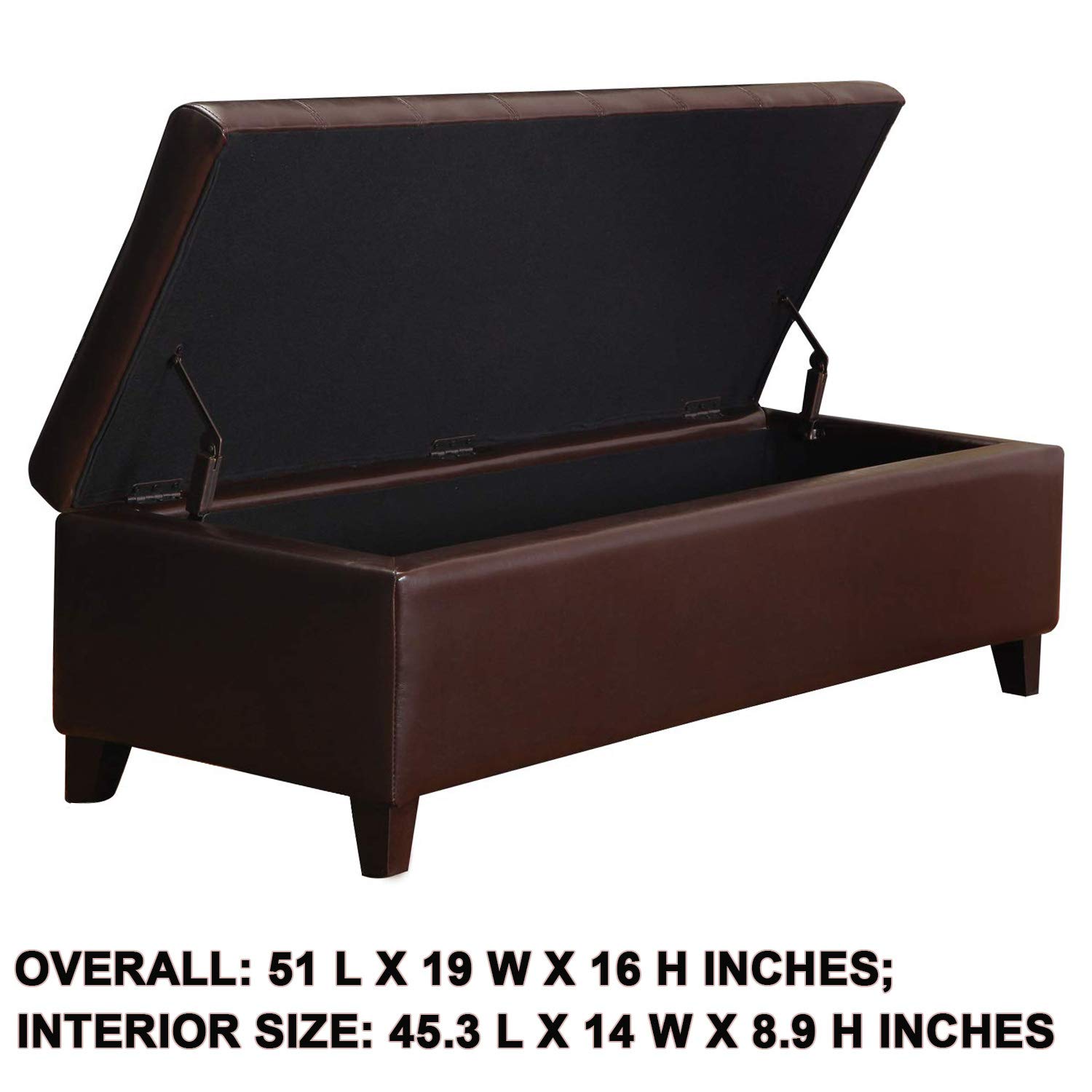 Asense 51" Long Storage Ottoman Bench Large Space, Faux Leather Rectangular Lift Top Footrest Extra Seat Footstool for Living Room Bedroom Entryway, Brown
