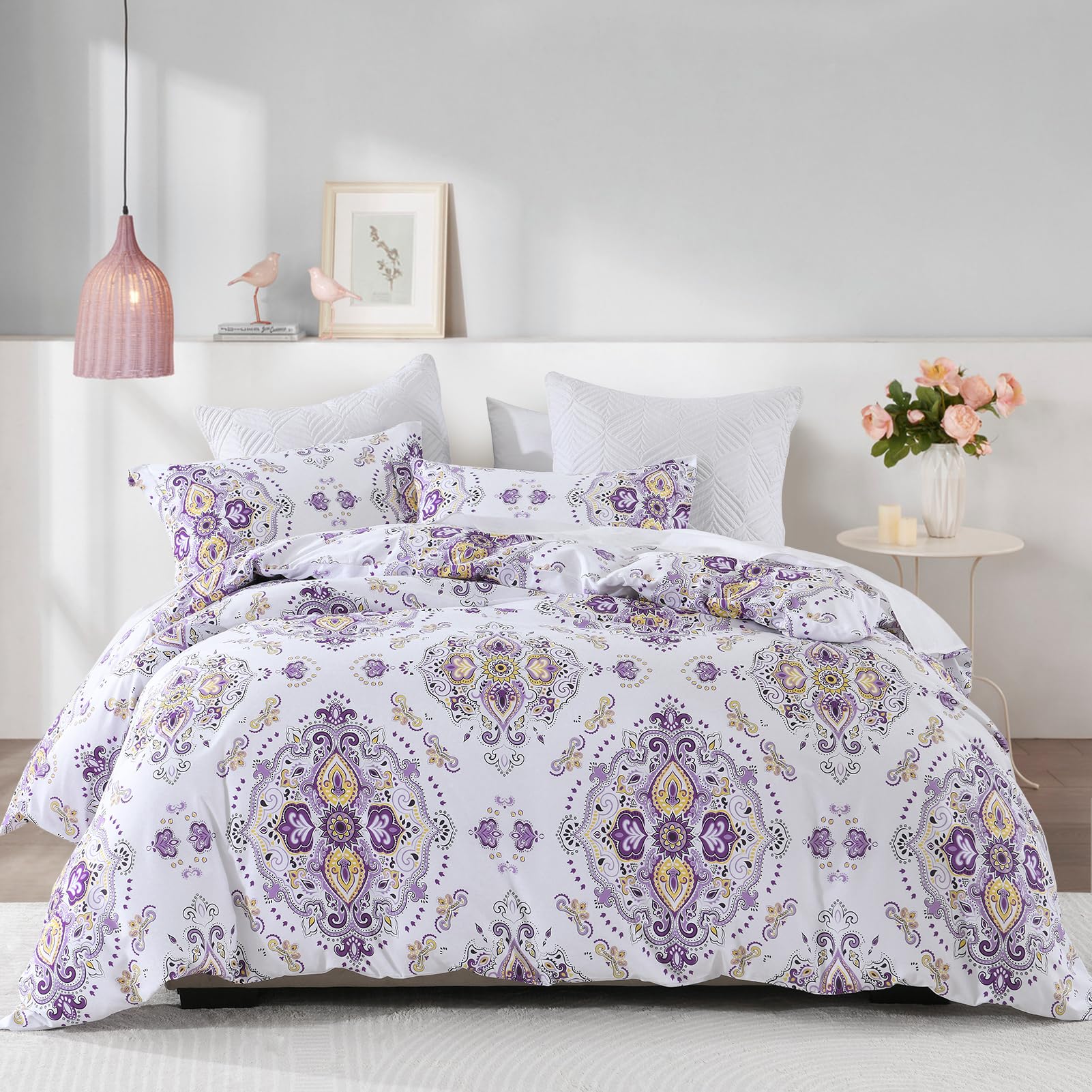 Bedduvit 100% Cotton Duvet Cover Queen Size - Purple Damask Queen Duvet Cover Set, Soft Cozy Paisley Pattern All Season Bedding Comforter Sets with Zipper Closure & 8 Ties (90"x90")