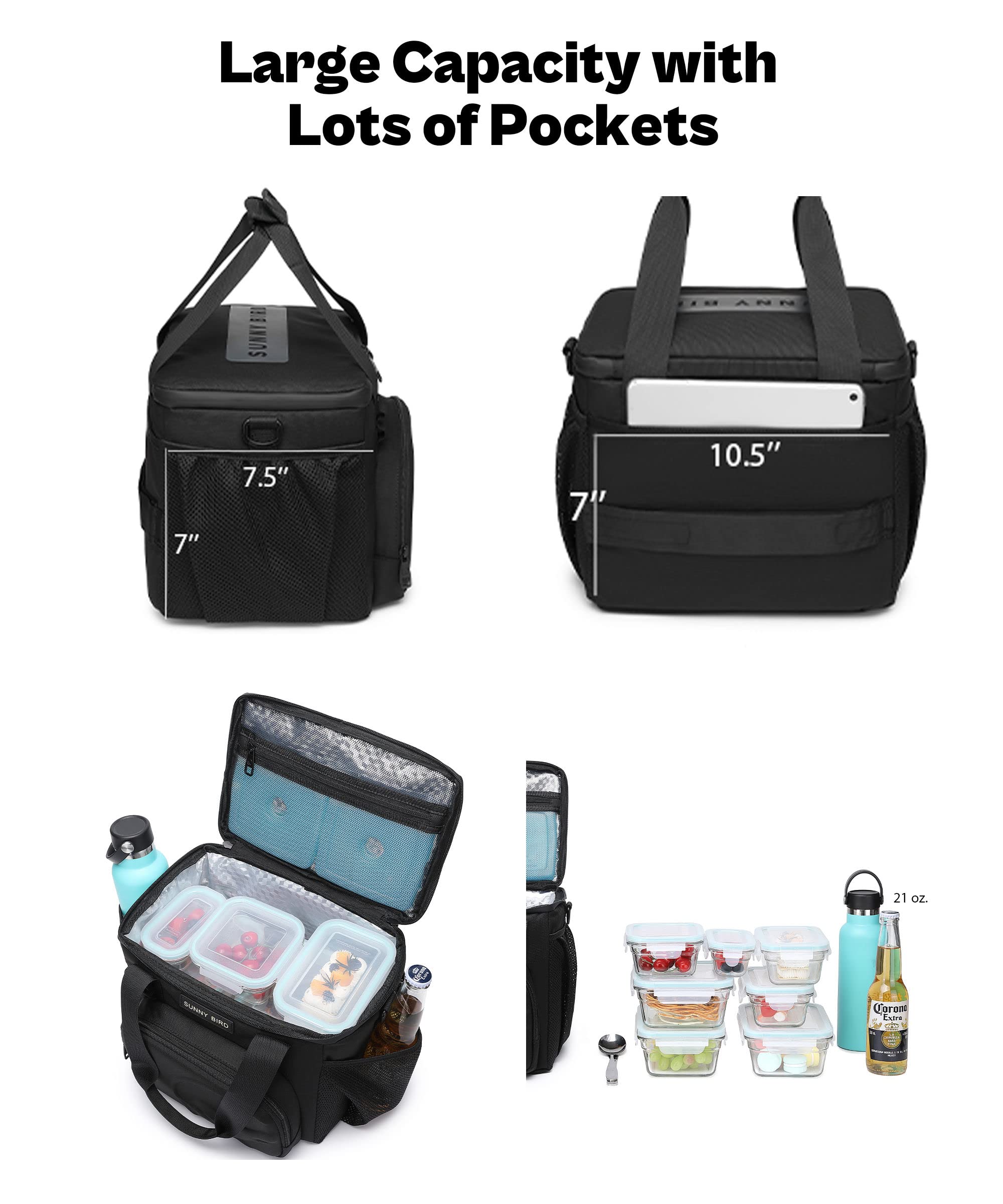 SUNNY BIRD 12L Large Insulated Lunch Bag, Leakproof and Foldable Lunch Cooler Box for Women Adult and Men, Fits 18 Cans (Black 01)
