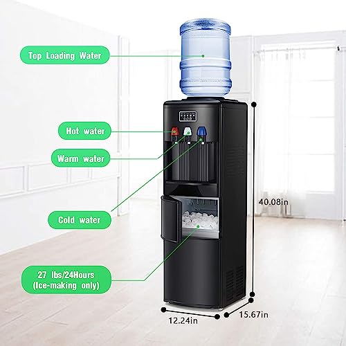 Antarctic Star 2-in-1 Water Cooler Dispenser with Built-in Ice Maker, Hot and Cold Top Loading 3 to 5 Gallon Bottle Water Dispenser,27LBS/24H Ice Maker Machine with Child Safety Lock(Black)